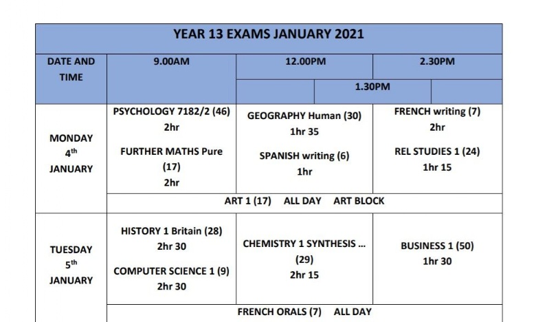 Balcarras School - Year 13 Mock exam timetable